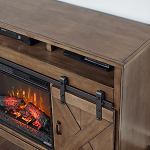 Bridgevine Home Rustic Farmhouse Fireplace TV Stand, 66 Inches, Accommodates TVs up to 80 inches, Fully Assembled, Knotty Alder Solid Wood, Barnwood Finish