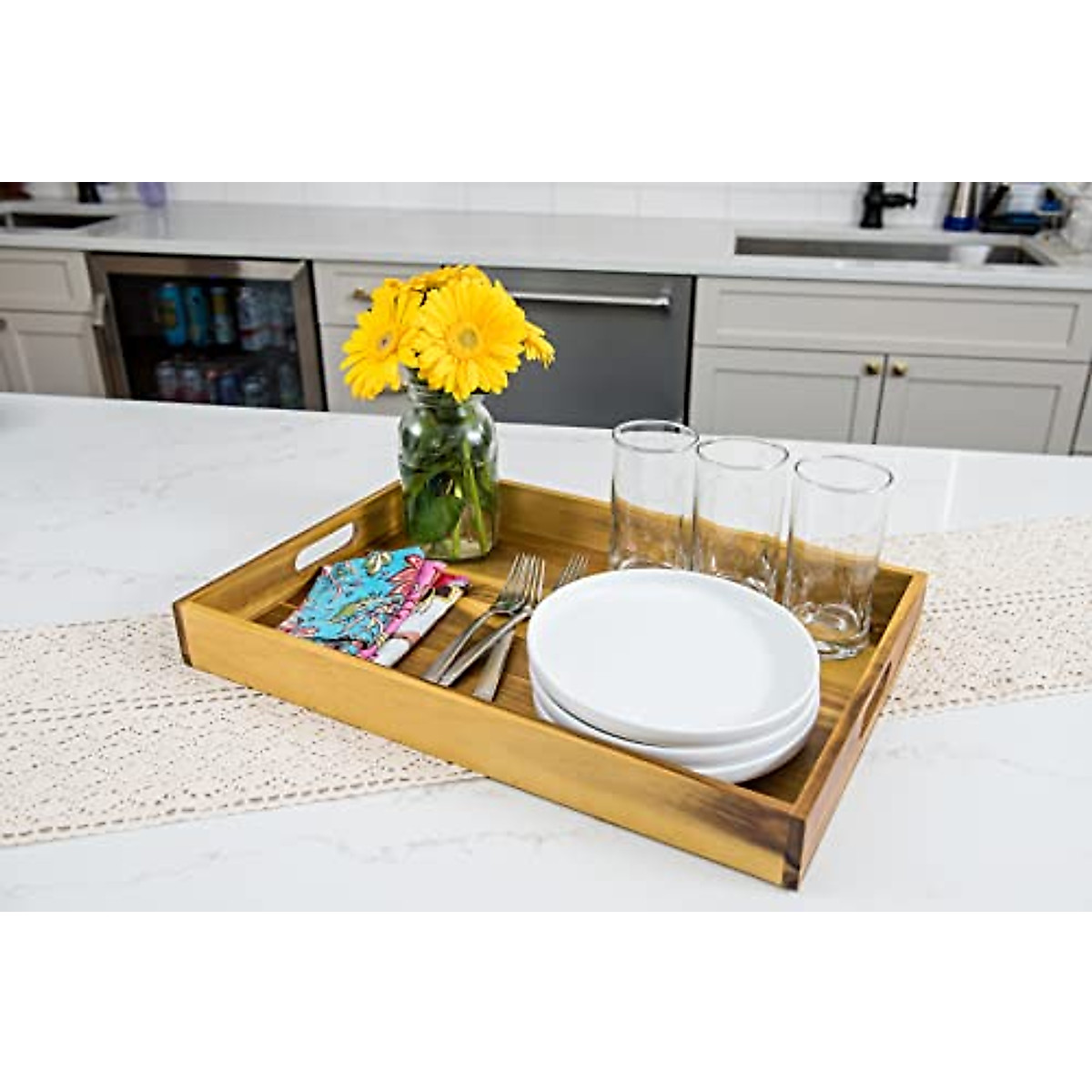 Lipper International 1295 Acacia Large Serving Tray with Cut-Out Handles for Snacks and Meals, 20 1/2" x 13 3/4" x 2 1/4"