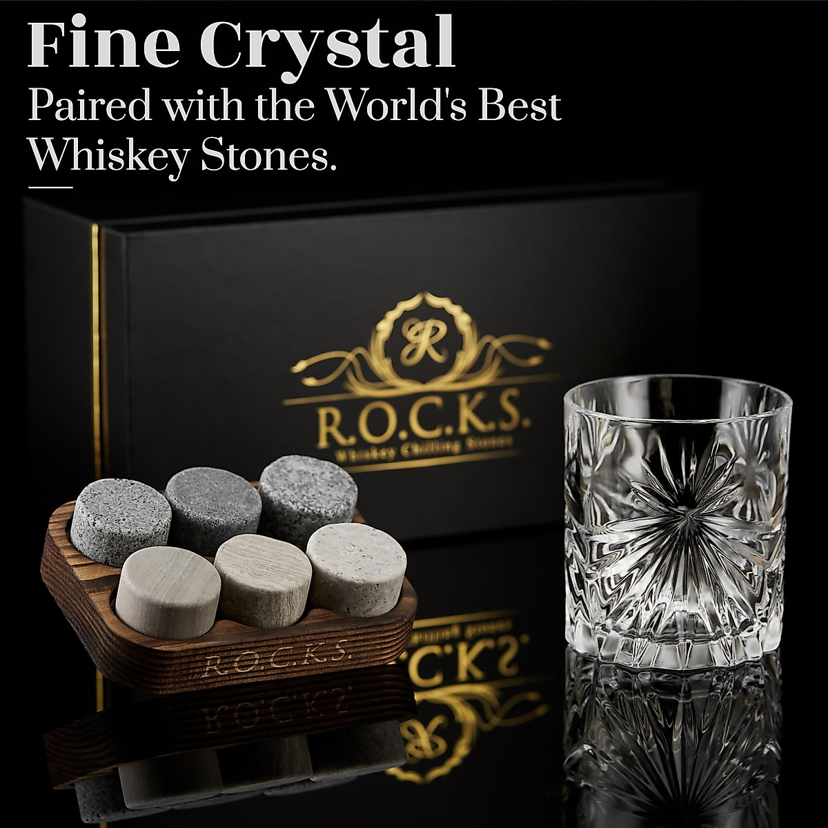 Whiskey Stones & Old Fashioned Cocktail Glass Gift Set - 6 Handcrafted Granite Round Chilling Rocks - Crystal Soleil Whiskey Glasses (11oz) - Hardwood Presentation Tray - Gold Foil Box