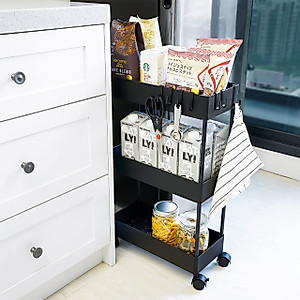 CAXXA 3 Tier Slim Mobile Utility Cart Rolling Cart,Plastic Basket Storage Organizer, for Kitchen Laundry Bathroom Living Room Narrow Place Slide Out Storage Cart with Casters (Black, 15.75Lx7W)