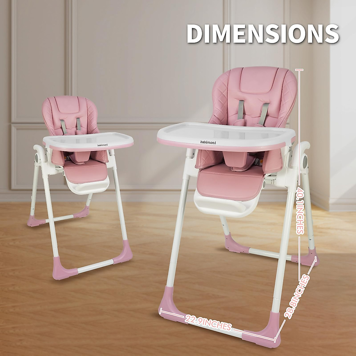 babimoni Baby High Chair, High Chairs for Babies and Toddlers, Adjustable, Foldable and Portable High Chair, Removable PU Leather and Tray for Easy Clean, Travel Feeding Chair, Pink