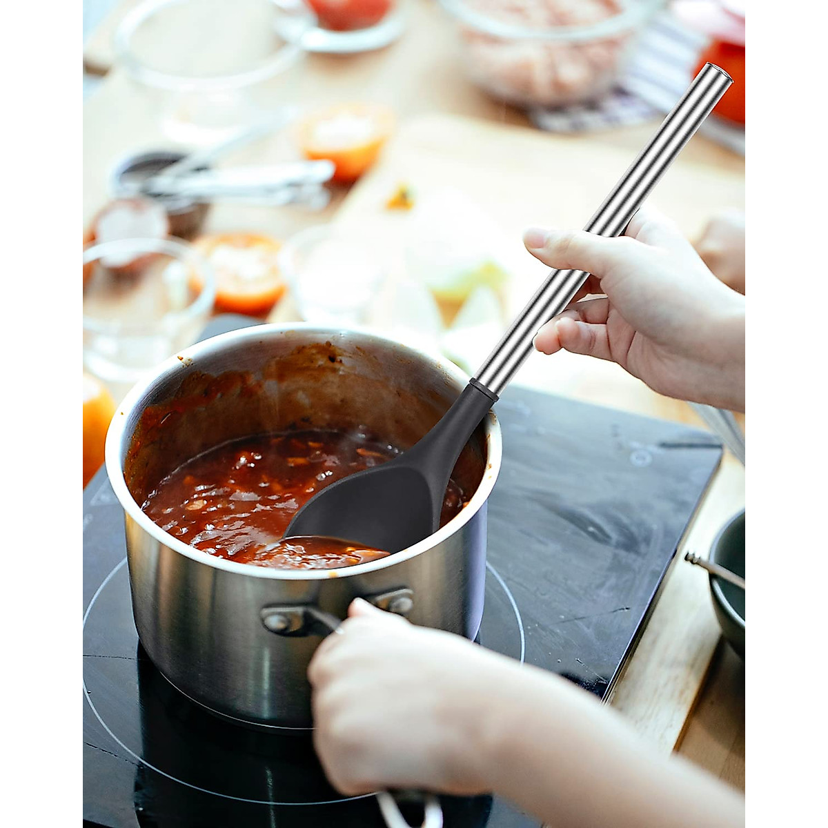 2 Pcs Silicone Cooking Spoons, Solid and Slotted Spoon Set, Non-Stick BPA Free Heat-Resistant Basting Stainless Steel Handle Kitchenware for Cooking, Soup, Serving, Draining, Stirring (black)