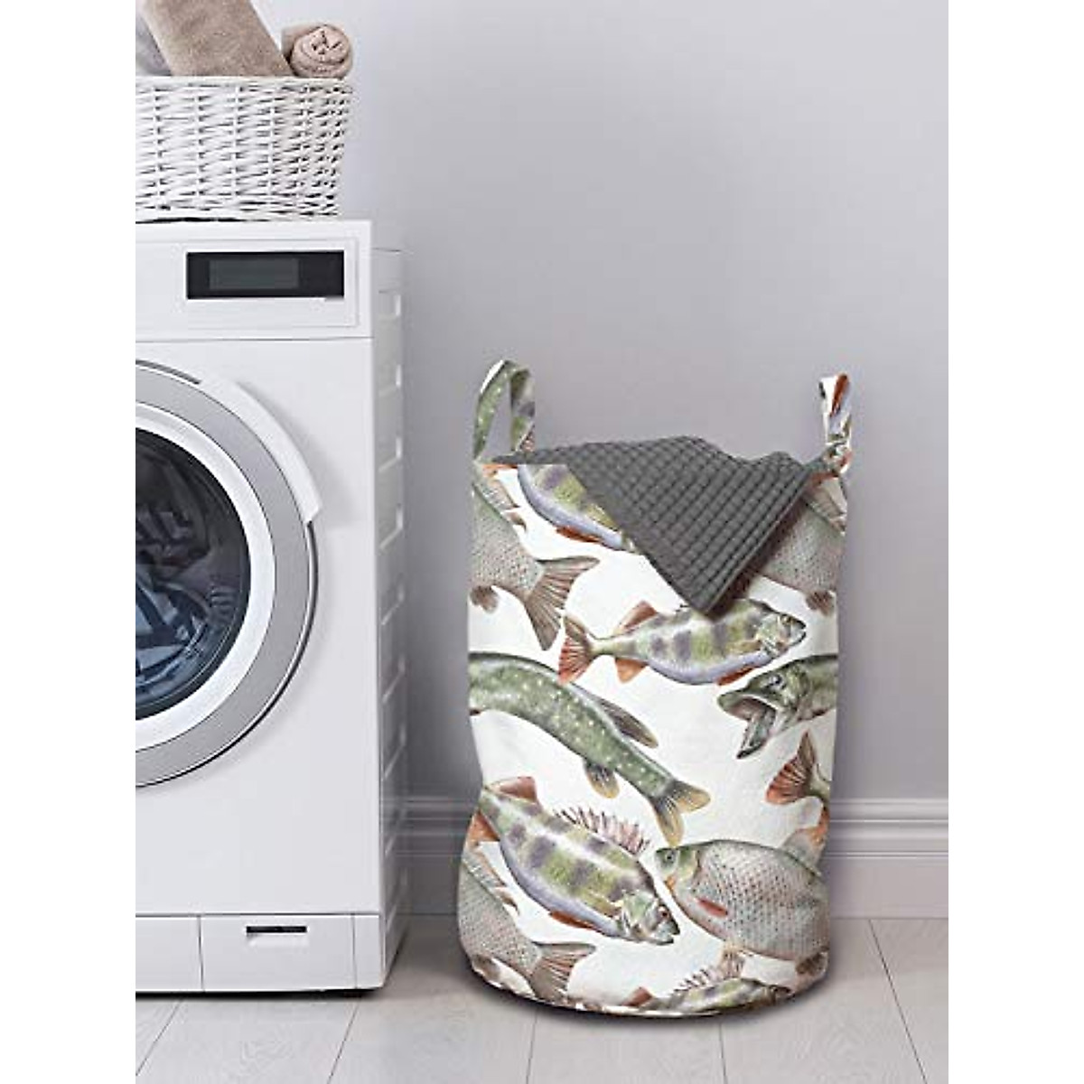Ambesonne Fishes Laundry Bag, Watercolor Common Carp Perch and Bass Freshwater Animals Themed Seafood Drawing, Hamper Basket with Handles Drawstring Closure for Laundromats, 13" x 19", Multicolor