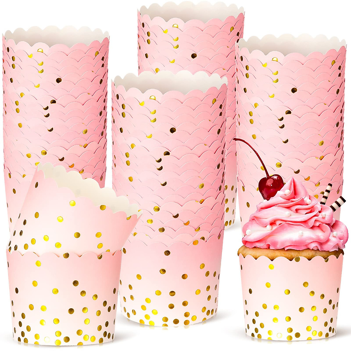 100 Pcs Pink Cupcake Liners 4.5 oz Gold Polka Dot Paper Baking Cups for Muffins Desserts Bake, Easter, Baby Showers, Wedding and Birthday Party