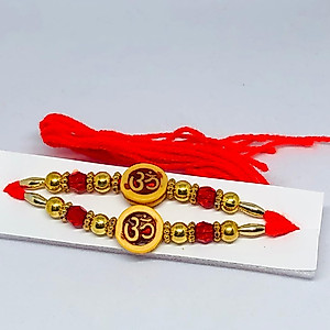 ZYRENA Rakhi for Brother Bhaiya Bhabhi, Gift Rakhi for Family, Raksha Bandhan Festival Rakhi for Bhaiya and Bhabhi, Round Om Pendant with Red-Golden Beads and Rings Rakhi Thread, Pack of 2