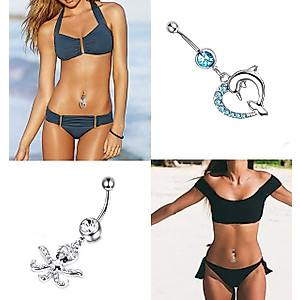 FIBO STEEL 9-10 Pcs Dangle Belly Button Rings for Women 316L Surgical Steel Curved Navel Barbell Body Jewelry Piercing