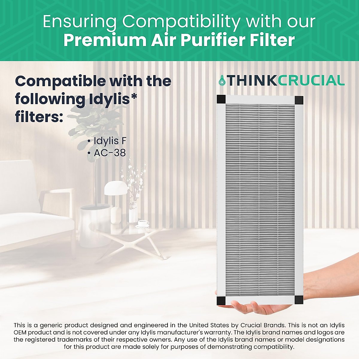 Think Crucial Replacement Air Purifier Filter with HEPA Filters - Compatible with Idylis Part # 560885 Filter - Fits Idylis F, AC-38 Models - Bulk (2 Pack)