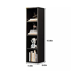 ALISENED 4 Cube Small Bookshelf, Narrow Storage Organizer Shelf, Wooden Corner Bookcase, Modern Thin Cubes Storage Organizer Display Shelving for Bedroom, Library, Living Room, Home, Office, Black