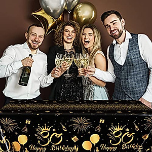 3 Pack 30th Happy Birthday Tablecloth Disposable Plastic 30th Birthday Table Cover Rectangular Black and Gold Table Cloths for Parties Decoration Supply for Men Women Birthday, 54 x 108 Inch(30th)
