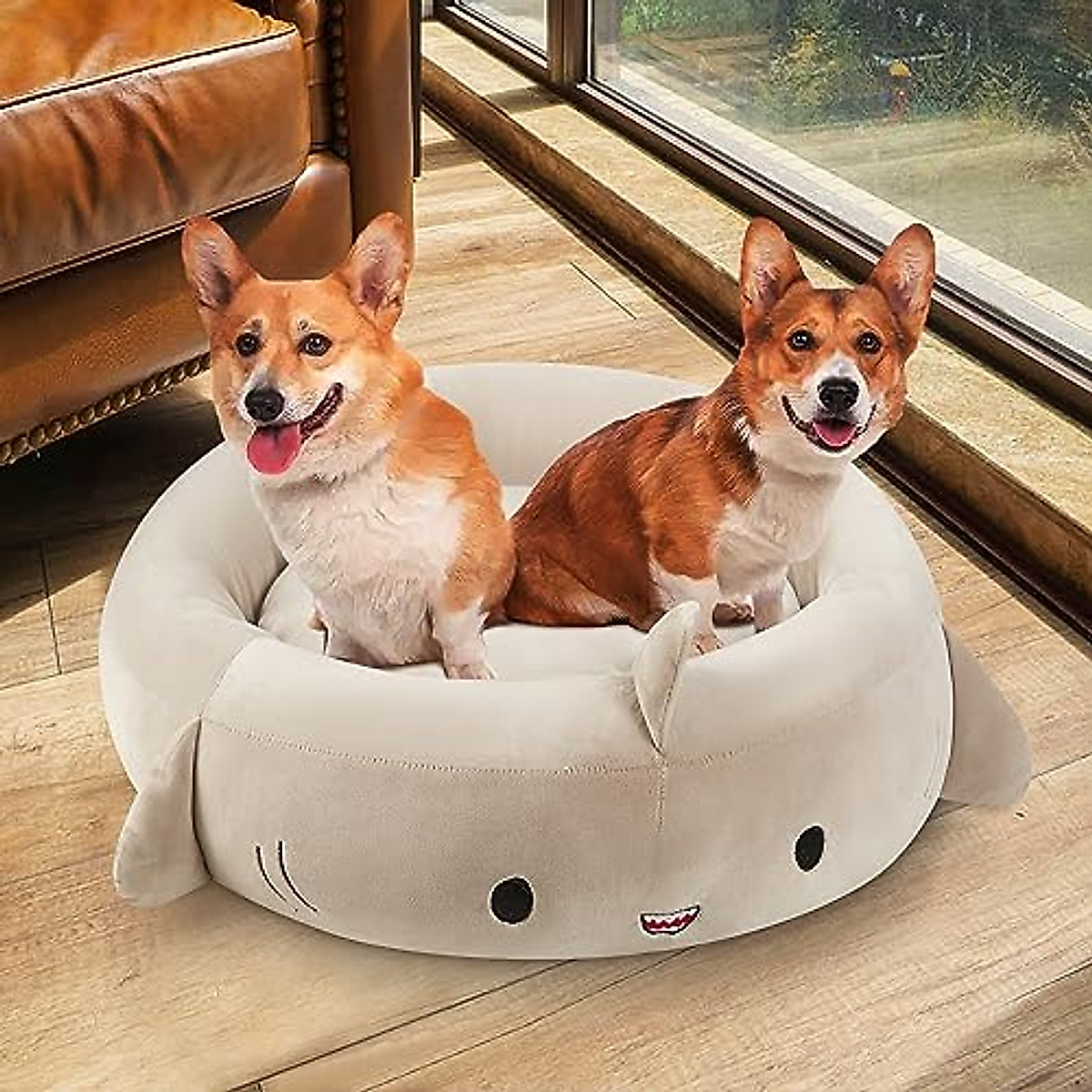 Pet Bed for Dogs, 24Inch Funny Cute Plush Dog Beds, Cozy Soft Dog Round Bed, Fluffy Dog Beds with Non-Slip Bottom (Shark Grey)