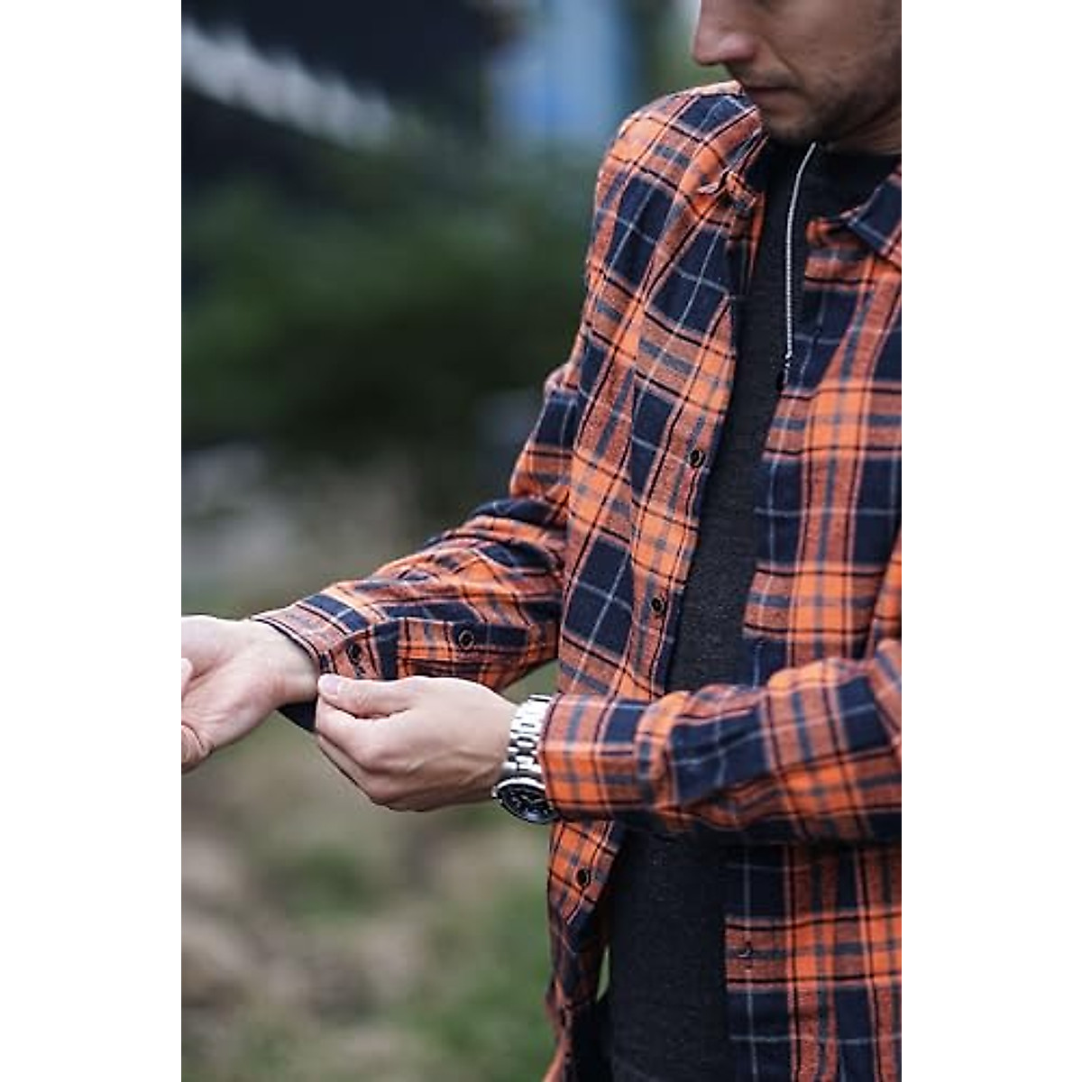 JMIERR Mens Flannels Long Sleeve Cotton Shirts Casual Fall Fashion Button Up Plaid Dress Shirt, US 46(XL), Burnt Orange