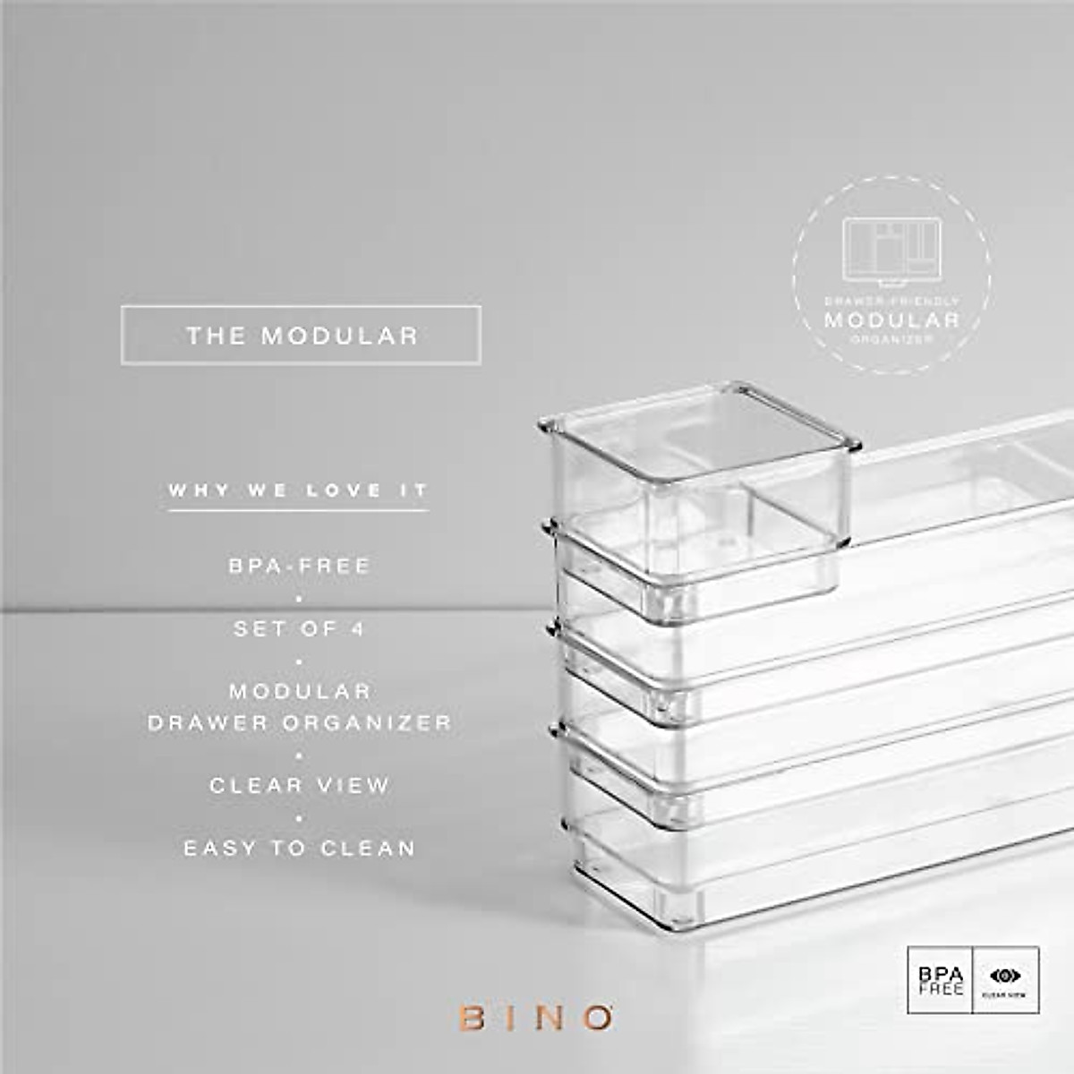 BINO 4-Piece Drawer Organizer Bin Set, Large | THE MODULAR | Multi-Purpose Storage | Durable | BPA-Free | Desk Drawer Organizer | Vanity Organizer | Bathroom Drawer Organizer | Makeup Drawer Organizer