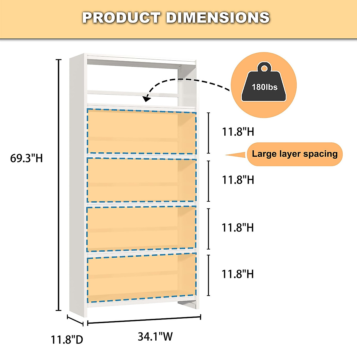 OSEILLC 5-Tier Bookshelf, White Bookshelf with Storage Shelves, Metal Bookshelves, 69" Tall Bookcase for Living Room, Library, Office, Bedroom, Including Book Stopper