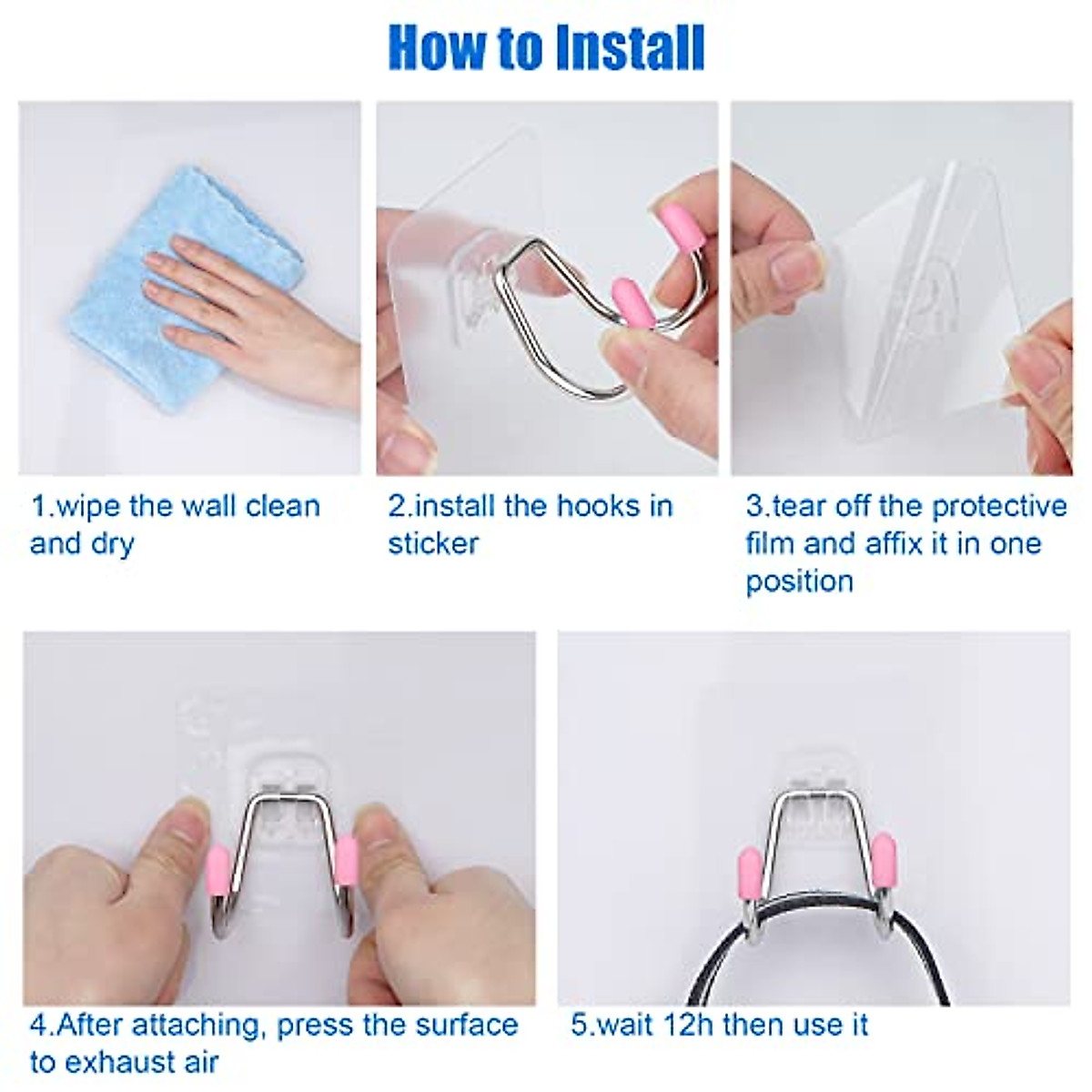 KAZOKU Adhesive Hooks 30lb(Max) for Hanging Heavy Duty Self Adhesive Hooks Transparent Waterproof and Oilproof Wall Hooks for Keys Bathroom Kitchen Office Outdoor Sticky Hook 12 Pack