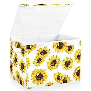 stargrass Foldable Storage Bin Fabric Decorative Storage Box with Lid and Handles,Flower Sunflower Yellow Collapsible Storage Basket 11.8x12.6x16.5 Inch
