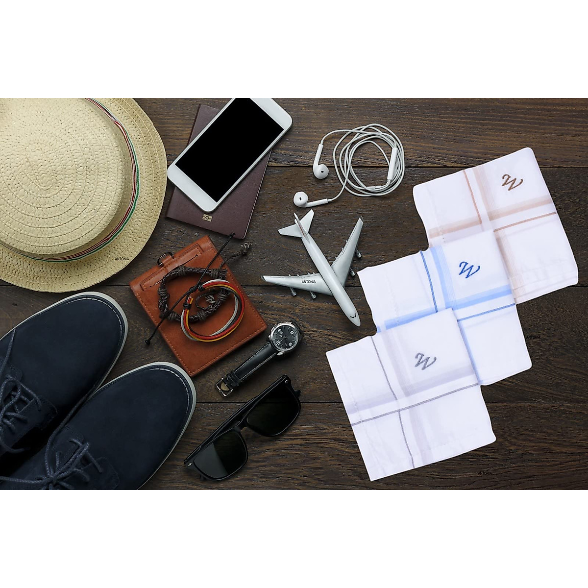 ANTONIA Personalized Handkerchief Cotton for Men with Embroidered W Initials Alphabets for Wedding, Gift, and Formal Occasions (Pack of 6) Multi Color