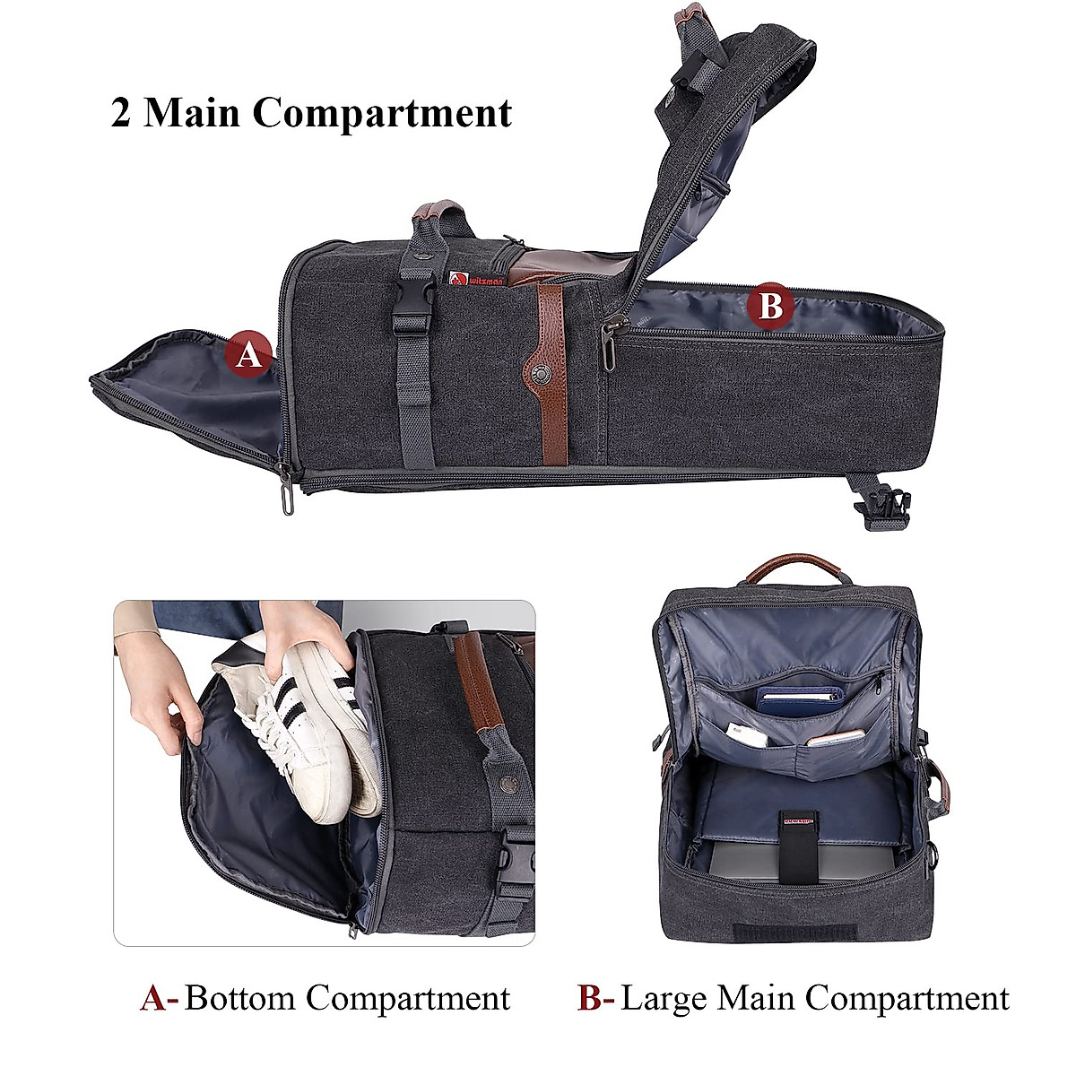 WITZMAN Travel Backpack for Men Women Carry on Luggage Backpack Canvas Rucksack Duffel bag with Shoe Compartment (A2021 Black)