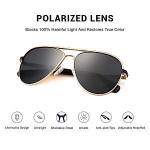 COLOSSEIN Aviator Polarized Sunglasses for Men Stainless Steel Frame with Handcrafted Legs UV400 Lenses Driving Outdoor Eyewear (Black/Champagne Gold)