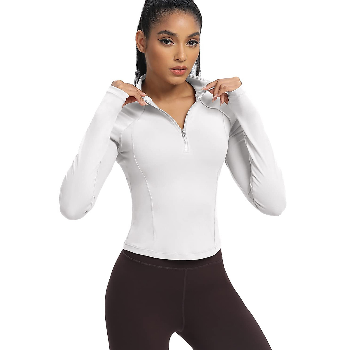 AVGO Workout Jackets for Women Slim Fit Cropped Running Jackets with Thumb Holes Half Zip Athletic Tops（White ，X-Small）