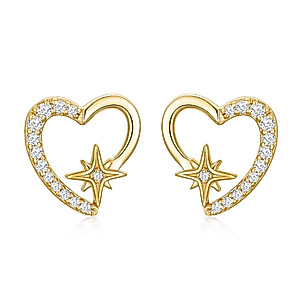 14k Solid Gold Star Heart Earrings for Women Cubic Zirconia Stud Earrings ，Gifts for Valentine's/Anniversary/Mother's Day