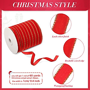 Syhood Christmas Velvet Ribbon with Gold Edge Waterproof Wrapping Velvet Wired Ribbon Decoration for Xmas Wreath Bows Floral Craft Ornaments(3/8 Inch x 60 Yard,Red)