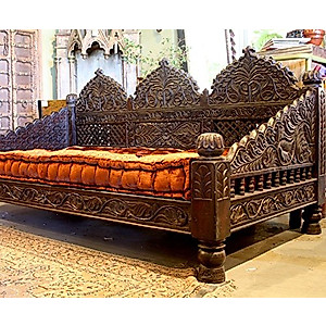 Worldcraft Industries Carved Arch DayBed. Medium Antique Finish. Twin XL Size. Handmade from Solid Mahogany Wood. Designed, Produced and Imported Indian Inspired Day Bed Sofa.