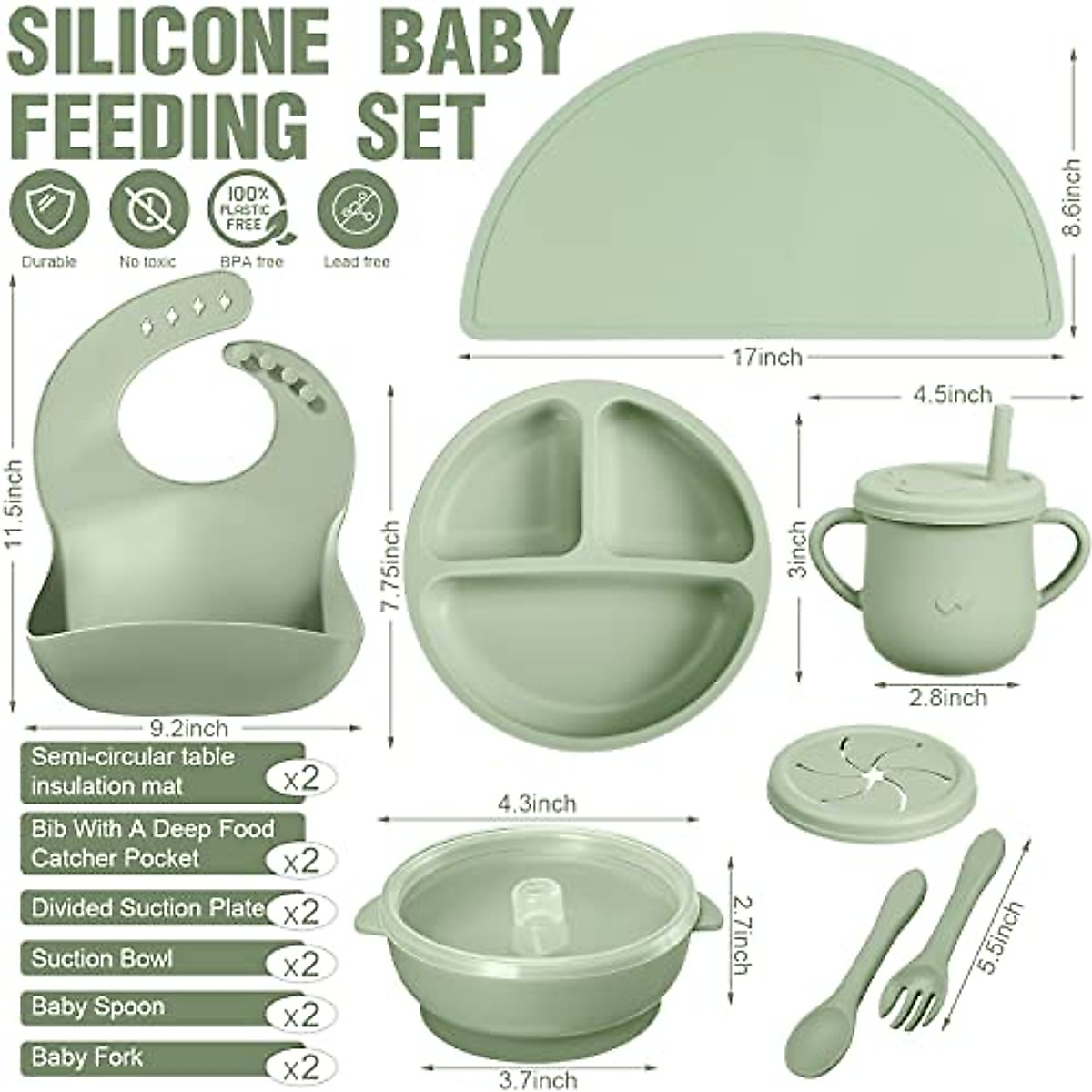 16 Pack Baby Feeding Supplies Set, Silicone Baby Led Weaning Suction Plates and Bowls Silicone Bibs Anti Slip Placemat Baby Spoons Forks Snack Cups, Toddler Eating Utensil Set (Green, Light Gray)