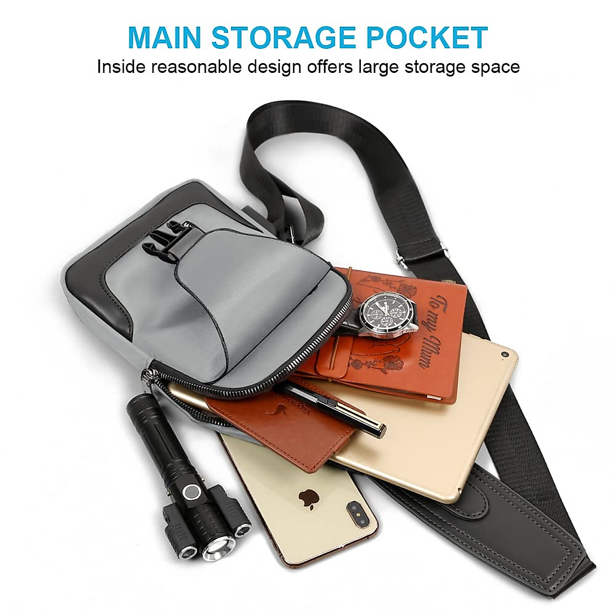 Aucuu Sling Backpack with USB Charging Port, Chest Bag Crossbody Daypack Shoulder Bag for Men, Hiking, Cycling, Travel - Black