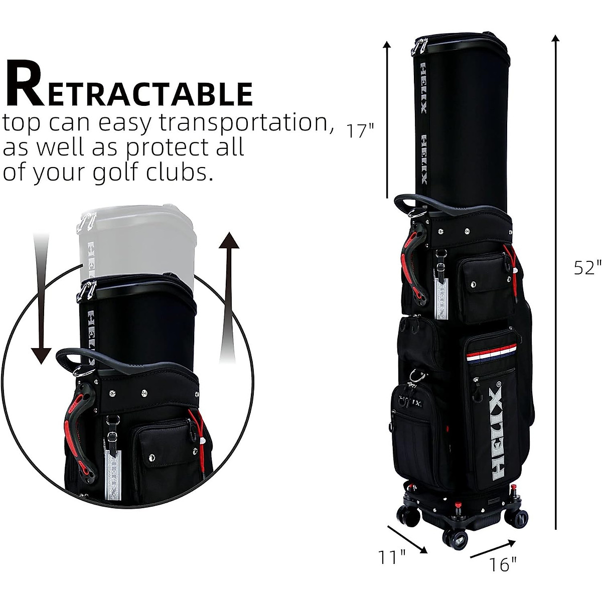 HELIX Golf Cart Bag, Retractable Golf Club Bag with Universal Wheels and Latest Integrated Handgrip. (Navy Black)