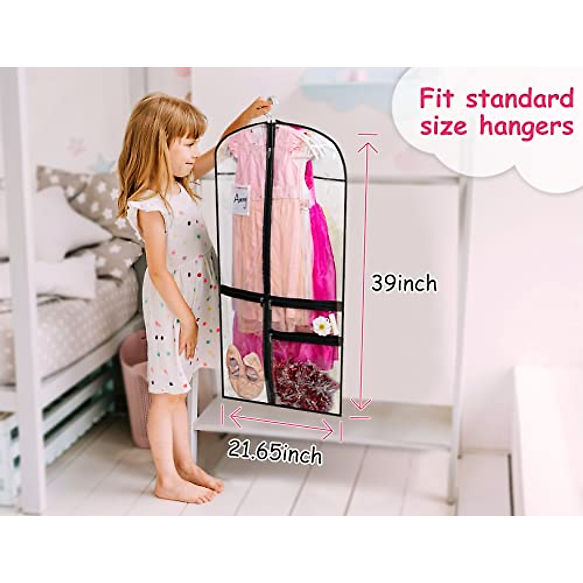 KIMBORA Clear Dance Costume Garment Bag for Dancers 3 Zippered Pockets Kids Embroiderable Competitions Bags, Clothes Cover for Girls Dress(3 Packs)