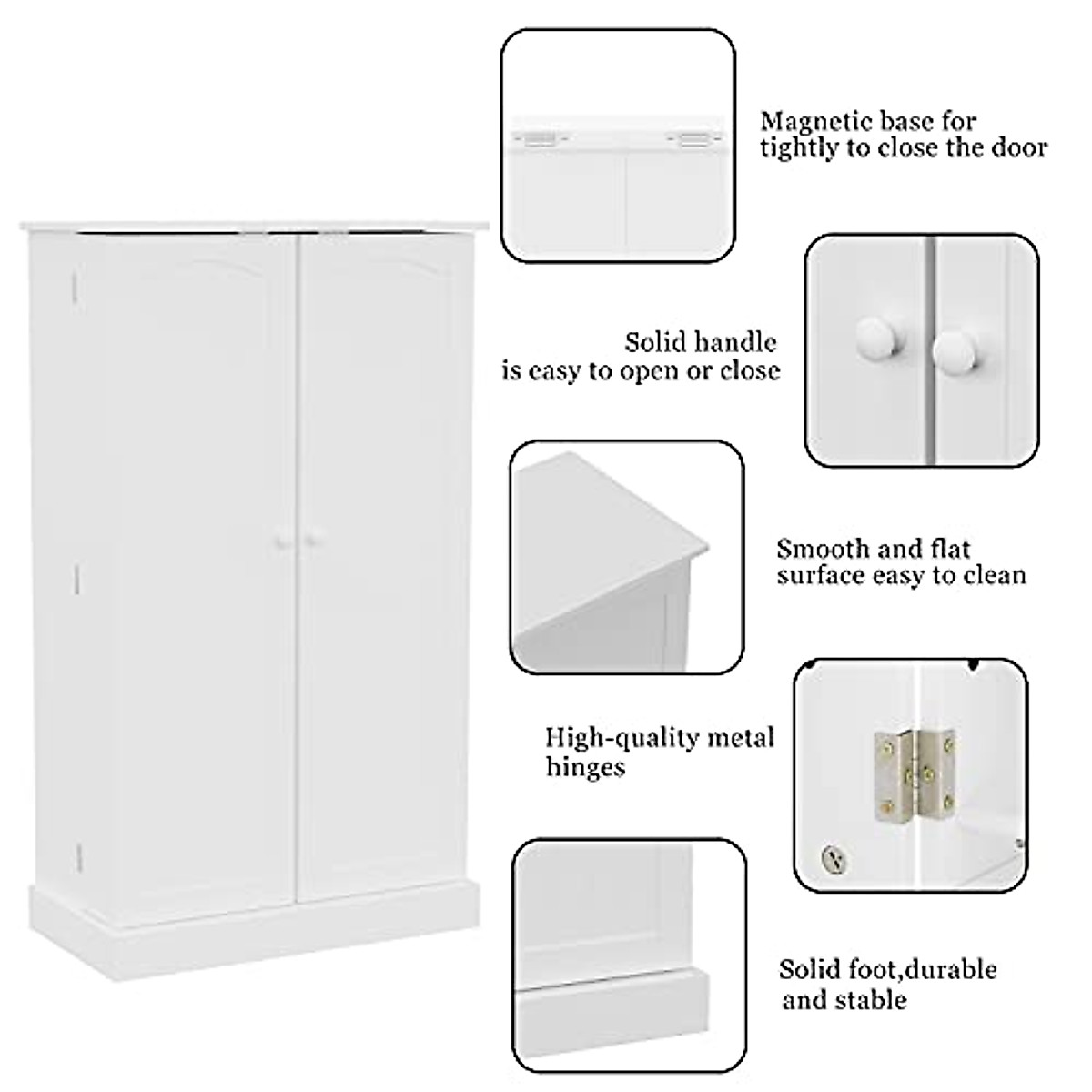 Yusong Kitchen Pantry Storage Cabinet Cupboard with Doors and 6 Adjustable Shelves for Small Space, Farmhouse Pantries Organization Cabinet for Dining Room, Living Room, White