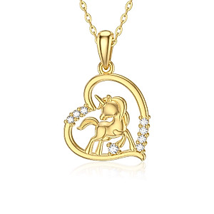 MOTIEL 14K Unicorn Heart Necklace for Women Dainty Real Gold Heart Pendant Necklace with Moissanite Jewelry Gift Yellow Gold Necklace