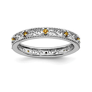 Vagmine Jewel Solid 925 Sterling Silver Stackable Yellow Citrine Gemstone Eternity Band Women Wedding Ring GIFT FOR HER (Sterling Silver, 7)