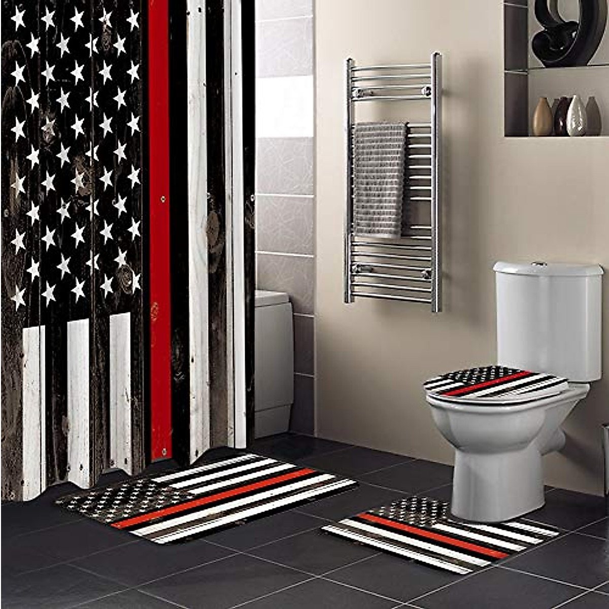4 PCS Independence Day USA Flag Shower Curtain Set with Bath Rugs,American Red Line Fireman Waterproof Curtains Soft Bathroom Non-Slip Floor Mats Toilet U-Shaped Pad and Toilet Lid Covers Wood Plank