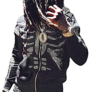 Fanvereka Men Women Over Face Rhinestone Full Zip Up Hoodie Halloween Costumes Y2k Graphic Hooded Streetwear Jacket Shirt (Black Skeleton, M)