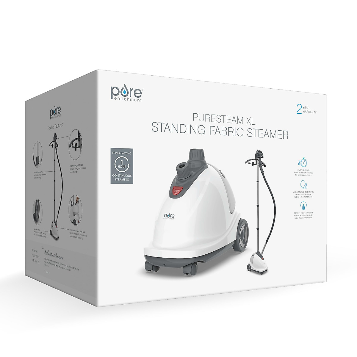 Pure Enrichment® PureSteam™ XL Standing Steamer with Garment Hanger - Heats in 45 Seconds with 0.5-Gallon Water Tank for 1 Hour Continuous Steaming - Includes Fabric Brush and Easy-roll Wheels