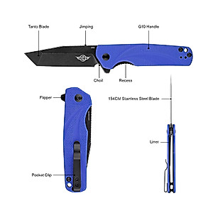 OKNIFE Ratel Folding Pocket Knife, EDC Knife with 154CM Stainless Steel 3.2" Tanto Blade and G10 Handle, Flipper Tab and Liner Lock, Carry Pocket Clip, for Outdoor, Camping, Survival