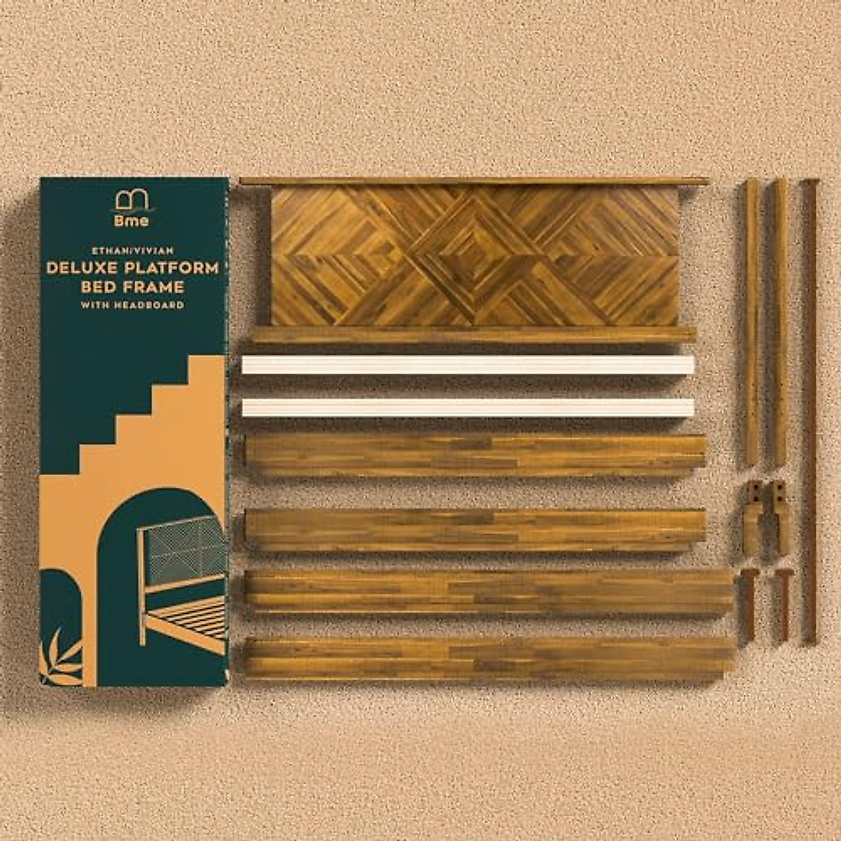 Bme Ethan Solid Wood King Bed Frame with Diamond Headboard - Rustic & Mid-century Modern - Acacia Wood Platform Bed - Compatible with All Mattresses - No Box Spring Needed - Rustic Dark Brown