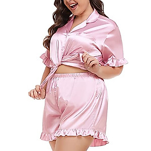 SWOMOG Womens Satin Plus Size Pajamas Silk Short Sleeve Pj Sets Ruffle Shorts 2 Piece Sleepwear Bride Soft Lounge Set 18-26W Pink