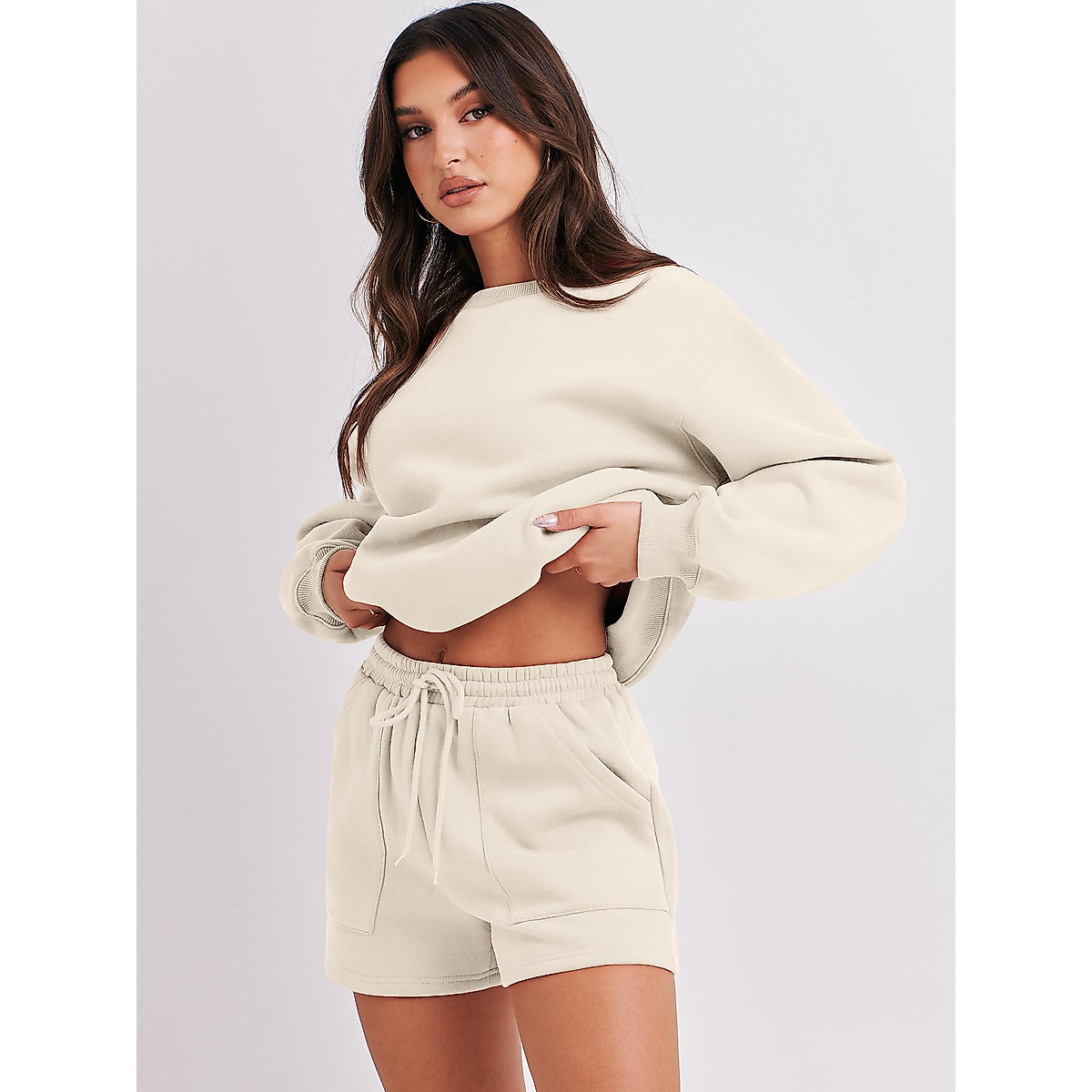 ANRABESS Women 2 Piece Outfits Sweat Shorts Sets 2025 Oversized Casual Lounge Matching Set Sweatsuit Tracksuit Clothes Beige X-Small