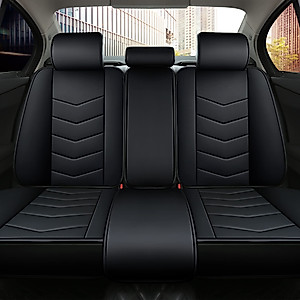INCH EMPIRE Car Seat Cover-Water Proof Synthetic Leather Cushion with Built-in Lumbar Support Front and Back Fit for Sedan SUV Truck Hatchback Durable Use (Black with White Trim Full Set)