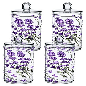 xigua Purple Flowers 2 Pack Qtip Holder Dispenser with Lid,Apothecary Jars Plastic Cotton Swabs Cans Clear Bathroom Storage Canister for Cotton Ball, Cotton Swab, Cotton Round Pads, Floss389