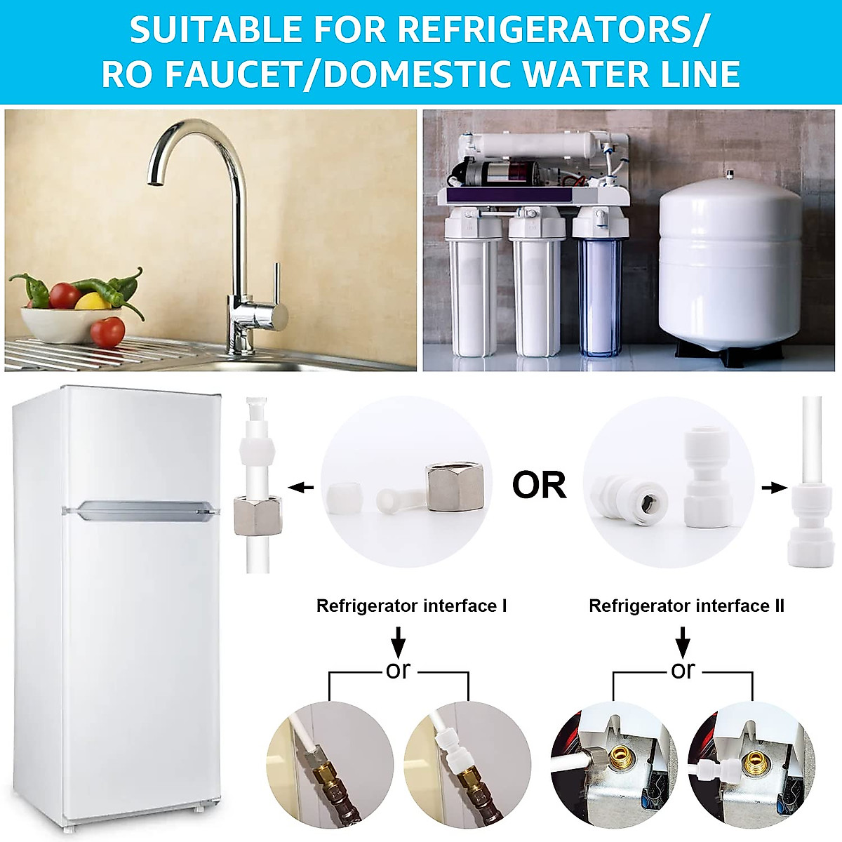 WBTEER Refrigerator Water Line Kit 1/4" Water O.D. Tubing 32ft, Connect Fittings for RO (Reverse Osmosis) (Ball Valve + L + Y + I + T Type + U-Shaped Wire Channel) - 21Pcs