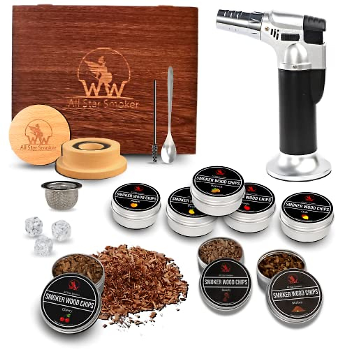 All Star Smoker Wooden Cocktail Smoker Kit with Torch - 8 Wood Chips for Smoker - Smoke Cocktail Kit - Drink Smoker for Whiskey - Bourbon Smoker Kit for Drinks - Old Fashioned Smoker Kit (No Butane)