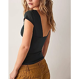 TiulZial Women's Sexy Backless Crop Tank Tops Deep V Neck Short Sleeve T-Shirts Slim Fit Y2K Tops Open Back Cami Tops Black,S