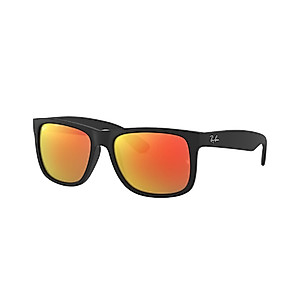 Ray-Ban RB4165 Justin Rectangular Sunglasses, Rubber Black/Brown Mirrored Orange, 55 mm