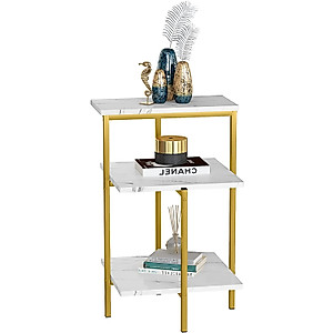 Lamerge Small End Table,3-Tier Gold Side Table,Rectangle Bedside Tables/Nightstand,Marble Coffee Table Corner Table w/Metal Frame,Small Table for Bedroom, Small Spaces,White+Gold