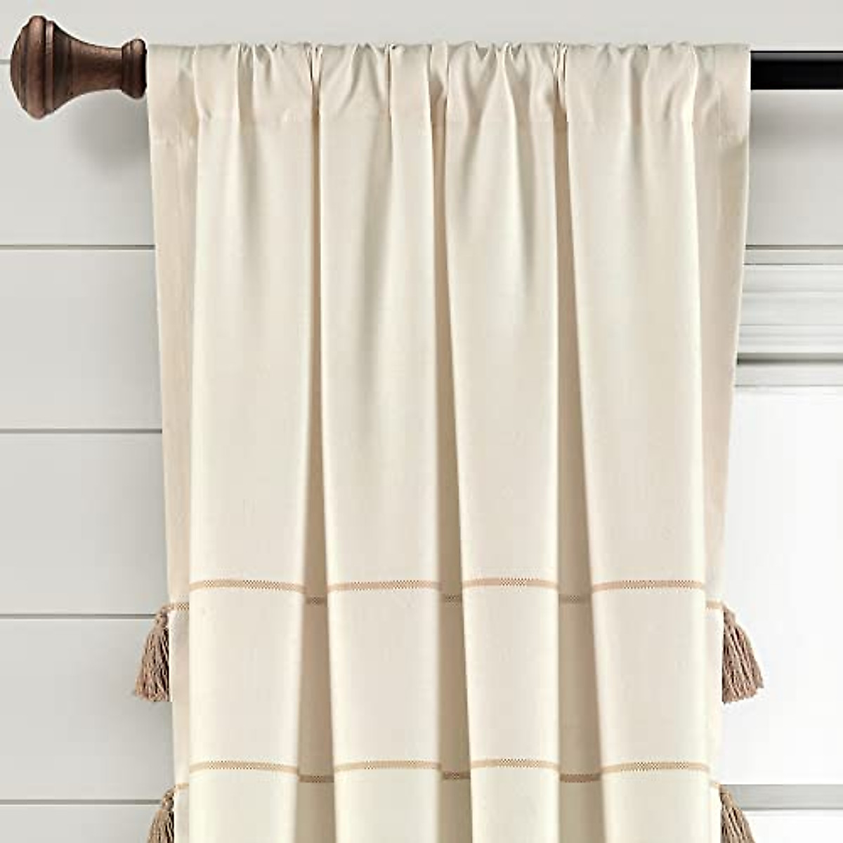 Lush Decor Farmhouse Boho Stripe Woven Tassel Yarn Dyed Cotton Window Curtain Panel Pair, 84" L x 42" W, Ivory & Wheat