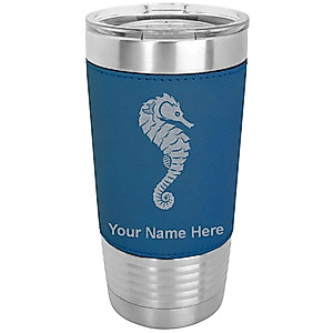 LaserGram 20oz Vacuum Insulated Tumbler Mug, Seahorse, Personalized Engraving Included (Faux Leather, Blue)