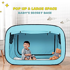 Poray Pop Up Baby Bed Tent Privacy Tent for Toddler Sleeping with 2 Zipper Doors,Breathable Mesh Windows and Portable Carry Bag (Blue)